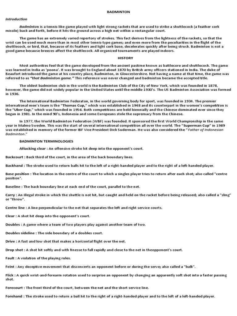 Badminton Summary | PDF | Ball Games | Athletic Sports