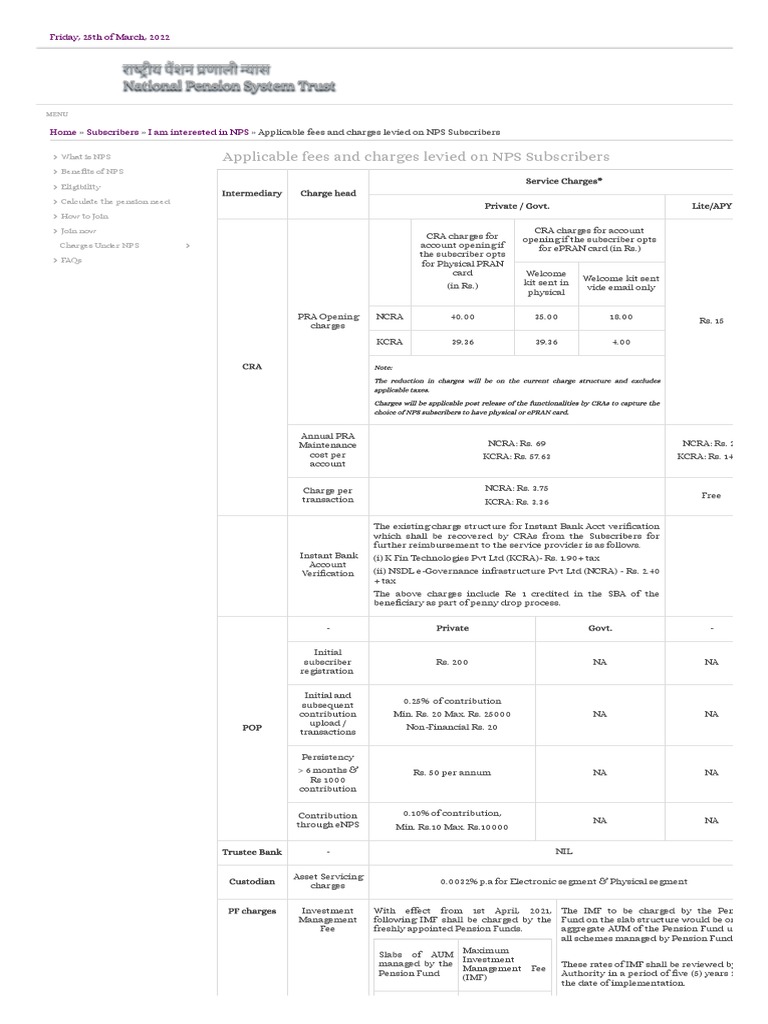 Applicable Fees and Charges Levied On NPS Subscribers - NPS Trust | PDF ...