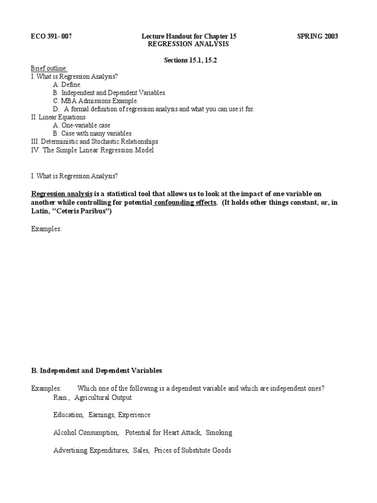 Eco 391 007 Lecture Handout For Chapter 15 Spring 2003 Regression Analysis Sections 15 1 15 2