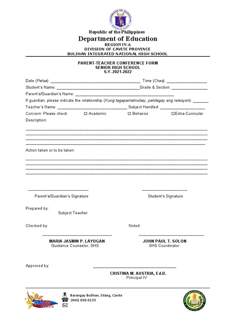 Parent-Teacher Conference Form 2021-2022 | PDF | Social Institutions ...