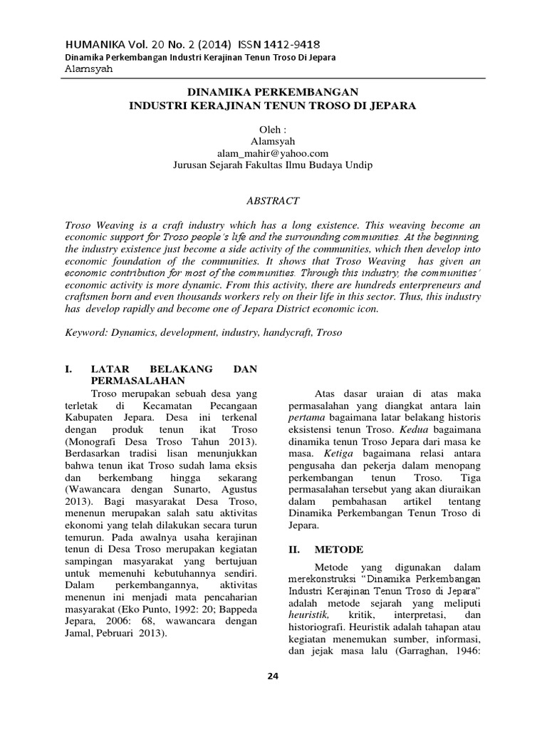 5085 ID Dinamika Perkembangan Industri Kerajinan Tenun Troso Di Jepara | PDF