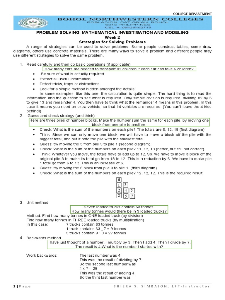 Problem Solving, Mathematical Investigation and Modeling Week 2 Strategies For Solving Problems ...