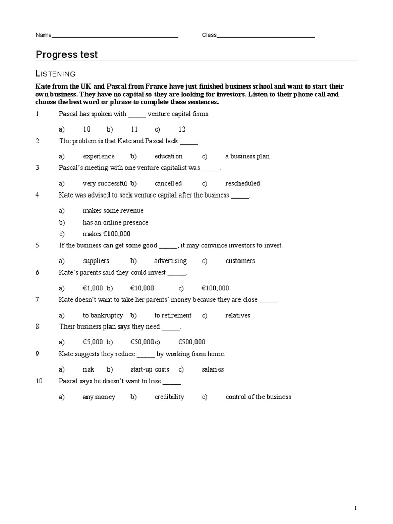 Progress Test: Name - Class | PDF | Venture Capital | Corporate Finance
