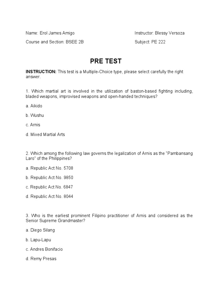 Pre Test: INSTRUCTION: This Test Is A Multiple-Choice Type, Please ...