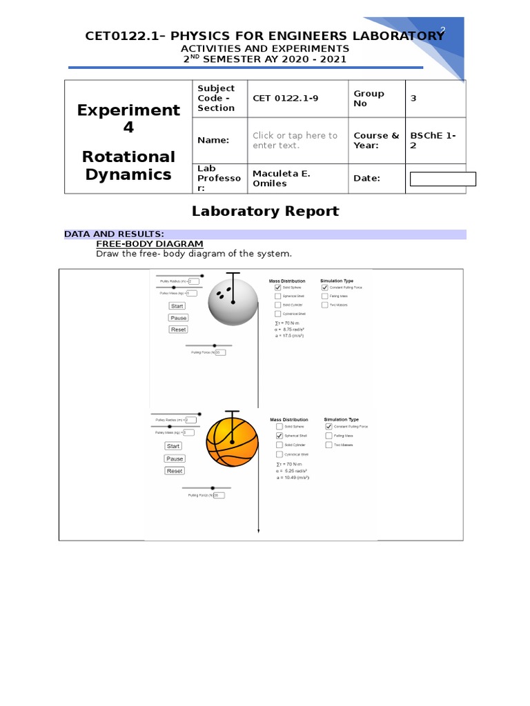 Experiment 4 Rotational Dynamics: Laboratory Report | PDF | Torque ...