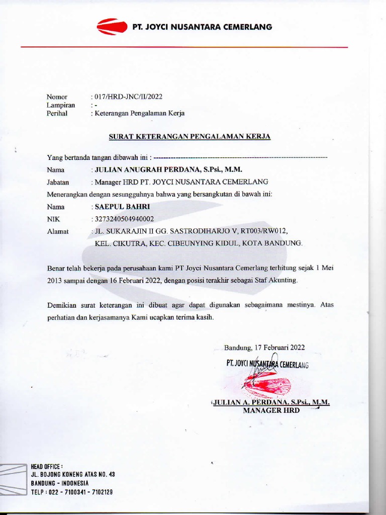 Surat Paklaring SAEPUL B254 | PDF