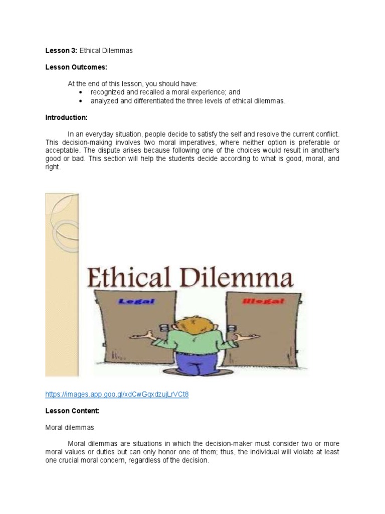 Lesson 3: Ethical Dilemmas Lesson Outcomes | PDF