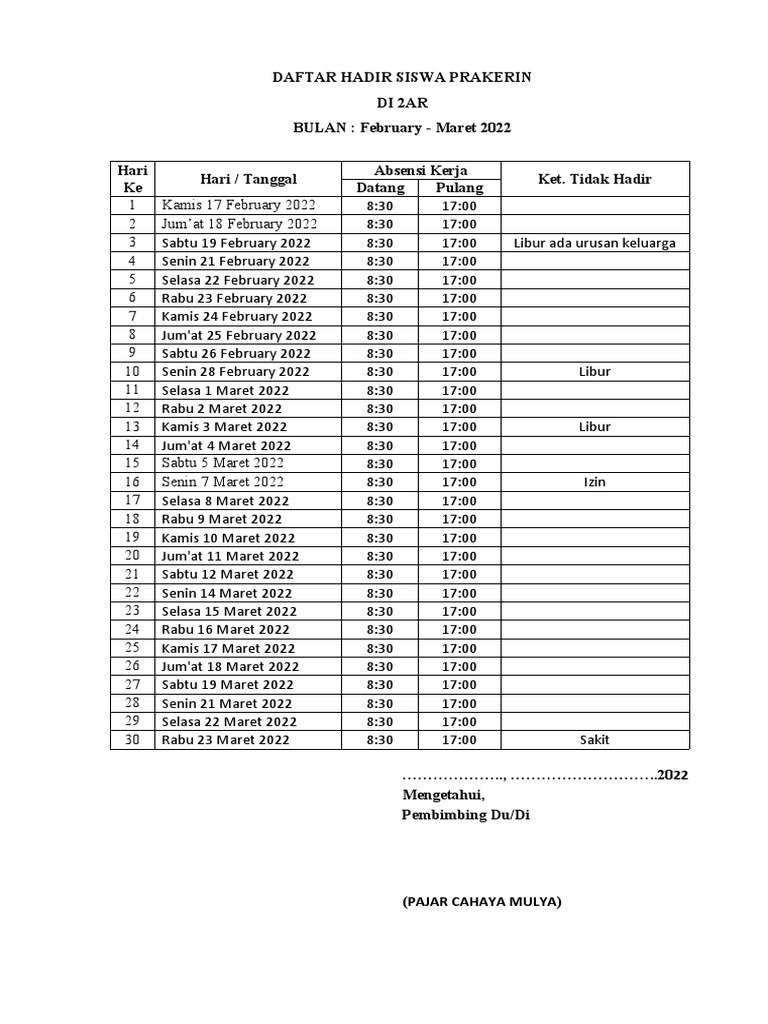 Contoh Daftar Hadir Magang Mahasiswa | PDF