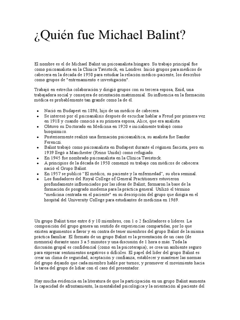 Quién fue Michael Balint | PDF | Psicoanálisis | Psicoterapia