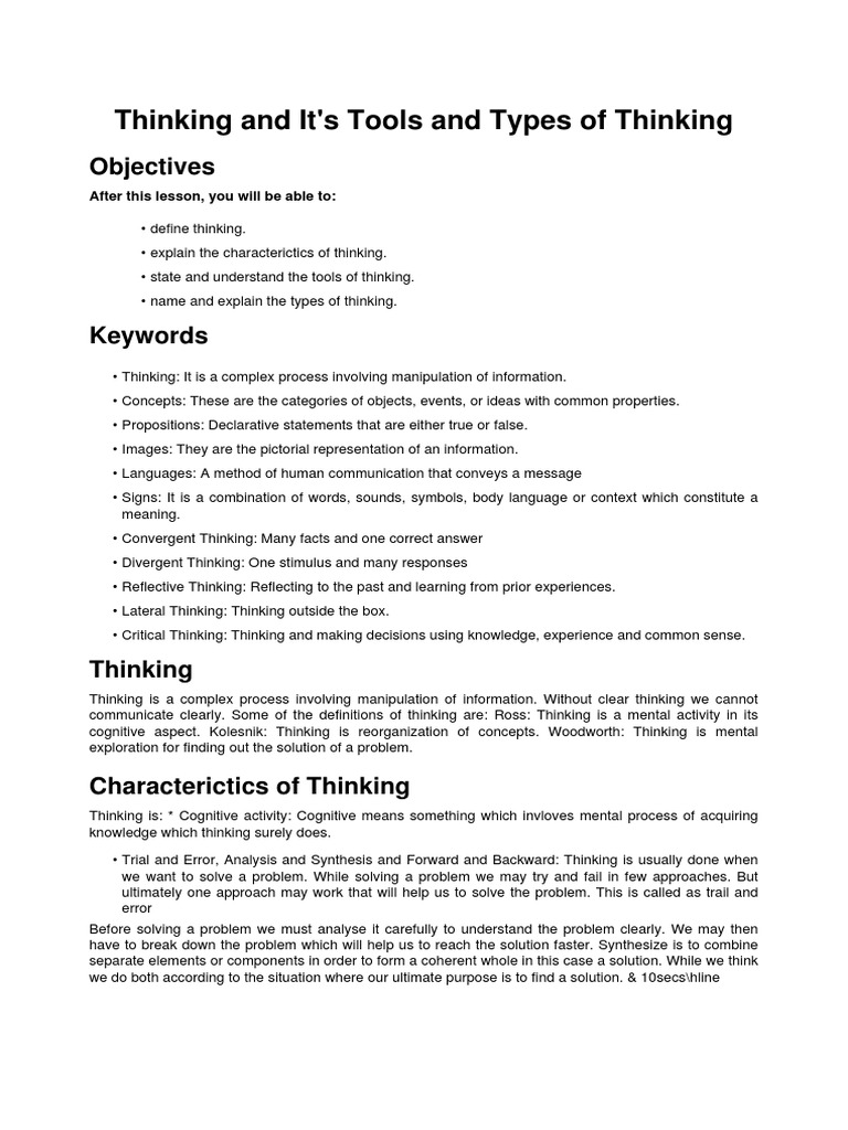 Thinking and It's Tools and Types of Thinking | PDF | Thought | Concept