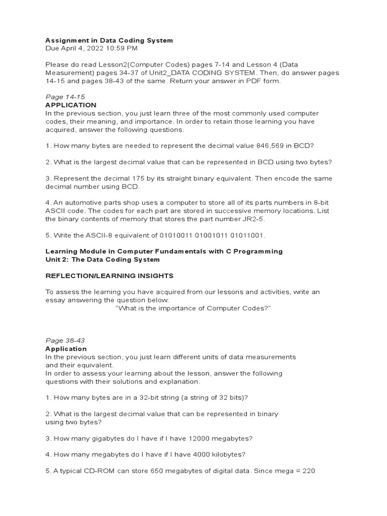 CFP - Assignment in Data Coding System | PDF | Byte | Binary Coded Decimal