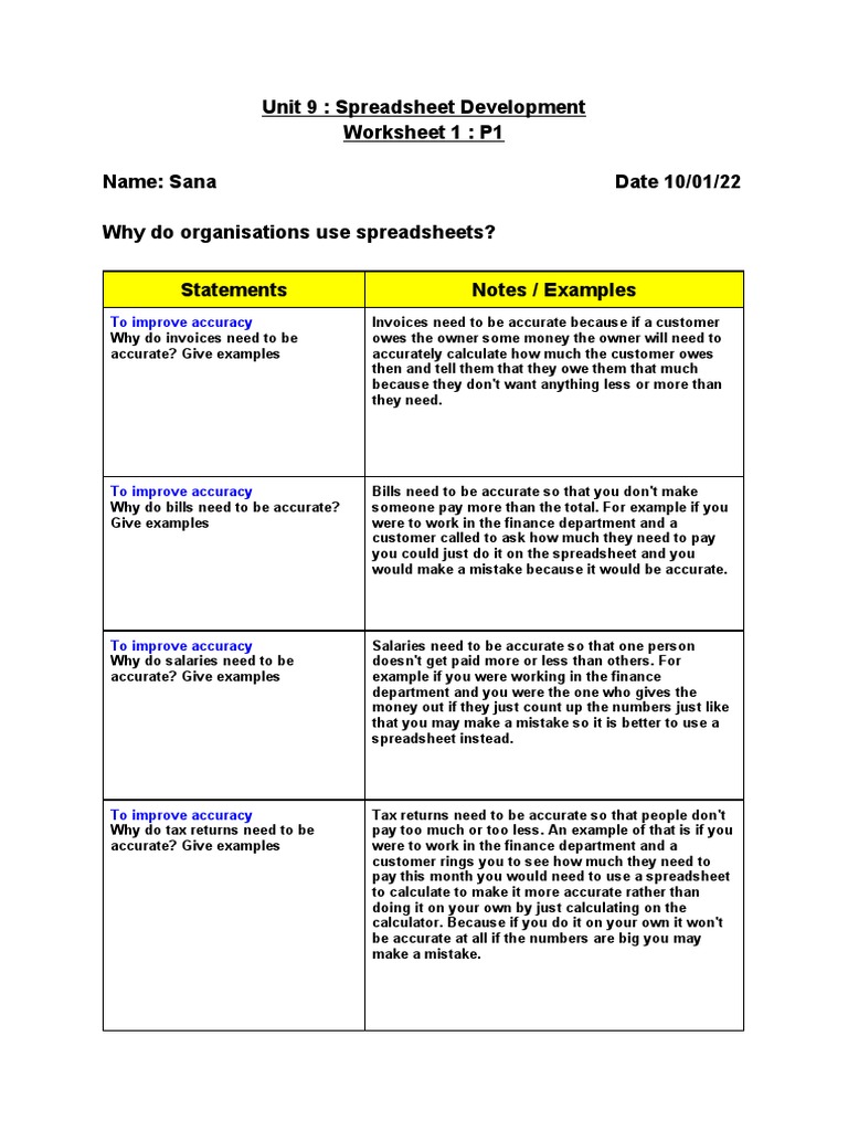 Sana 01 Unit 9 Worksheet 1 | PDF | Spreadsheet | Chart