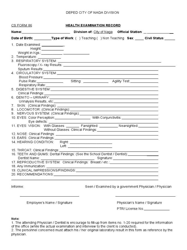 CS Form 86 Annual Physical Exam | PDF