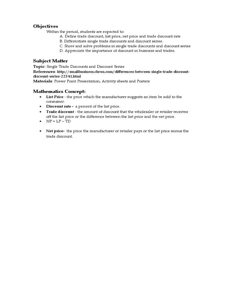 4'A Lesson Plan SHS | PDF | List Price | Prices
