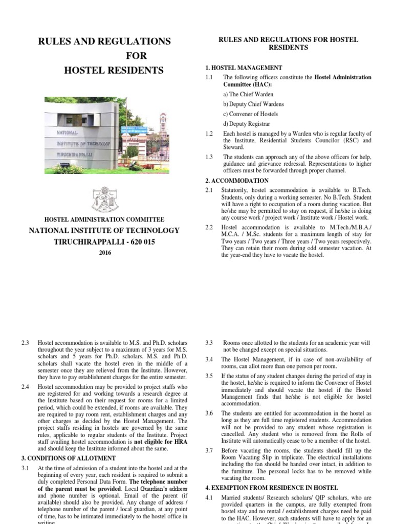 Rules and Regulations For Hostel Residents | PDF