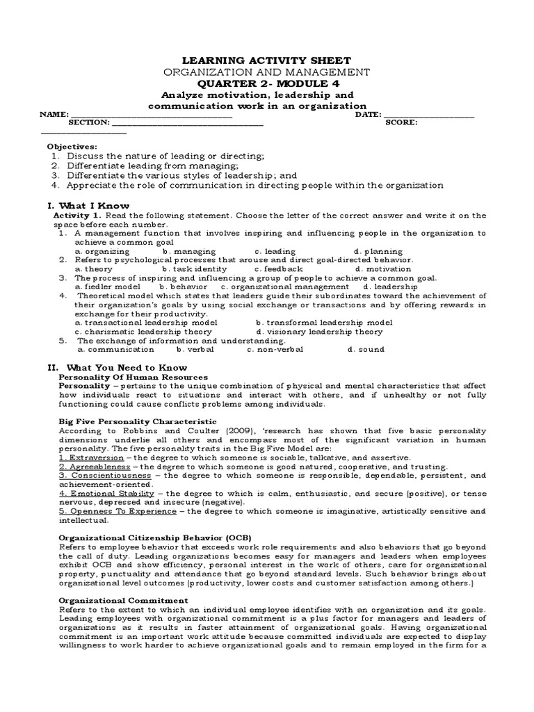 Organization and Management Las Quarter 2 Module 4 With Task 2 | PDF ...