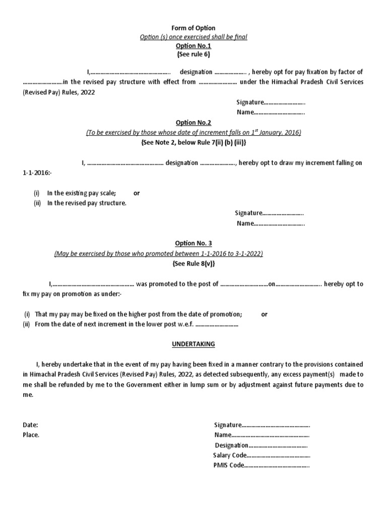 Option (S) Once Exercised Shall Be Final: Form of Option Option No.1 ...
