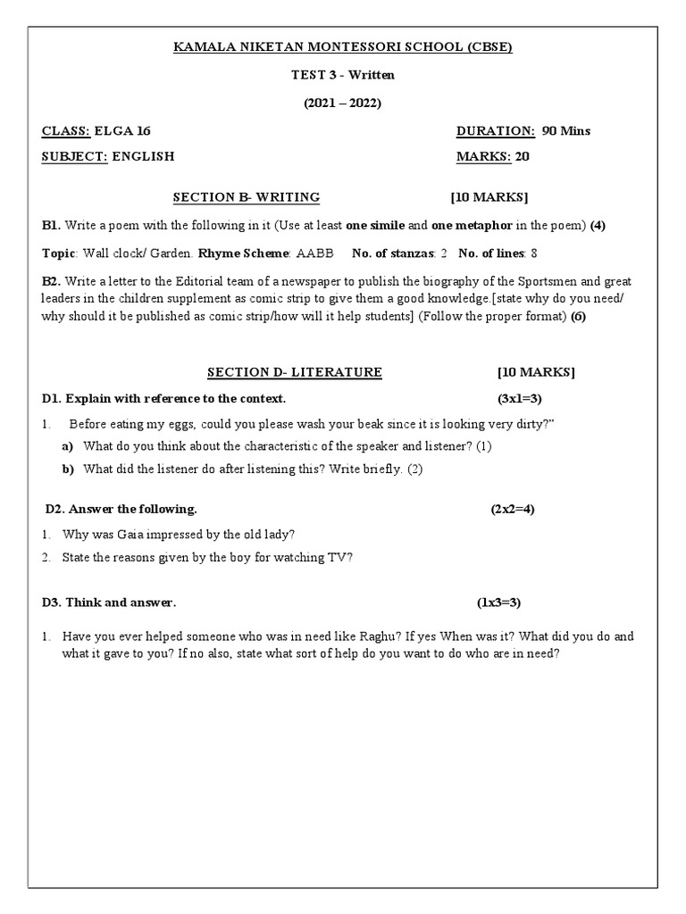 Test 3 - ELGA 16 Question Paper - Written | PDF