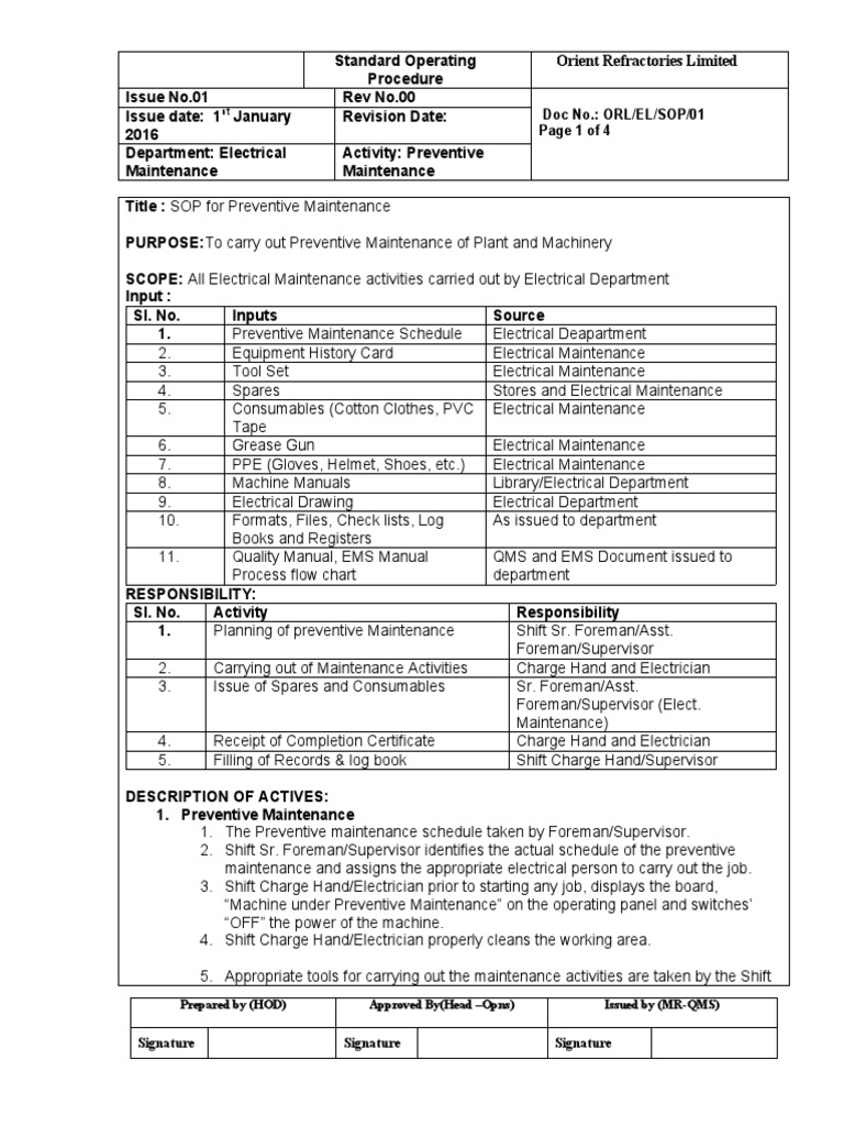 01 SOP Preventive Maintenance - Machine | PDF | Personal Protective ...