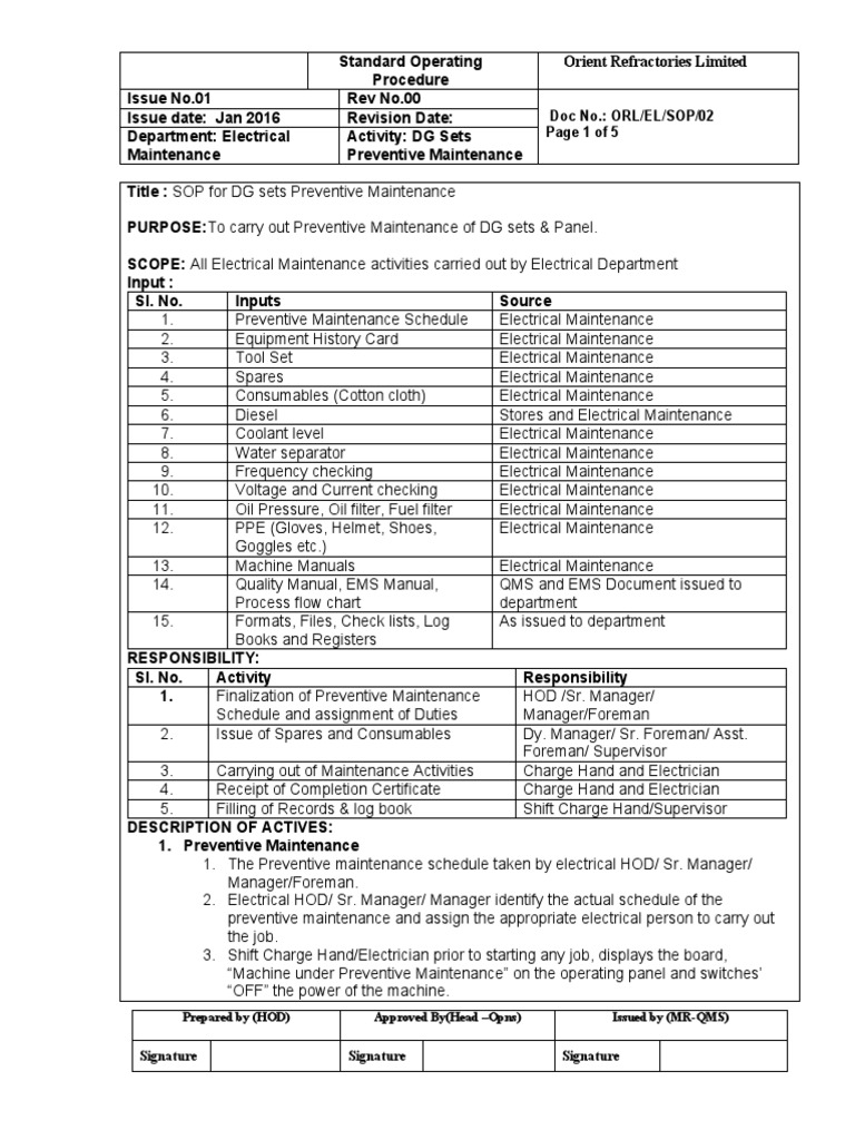 02 SOP Preventive Maintenance of DG Sets | PDF | Personal Protective ...