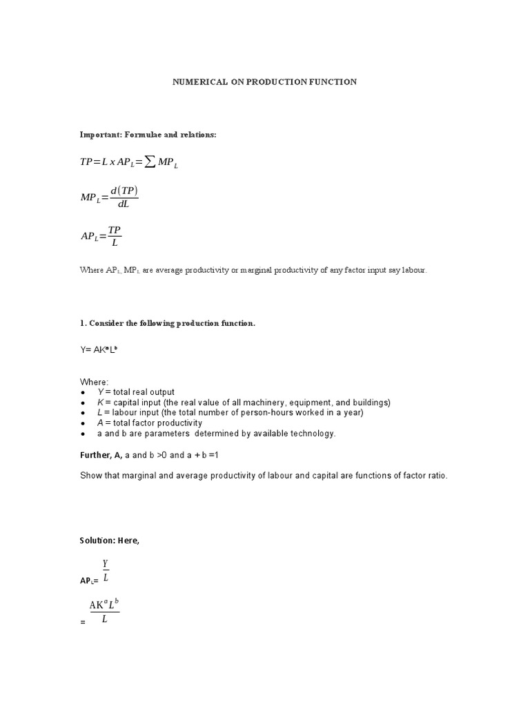TP L X Ap MP MP DL AP L: Numerical On Production Function | PDF ...