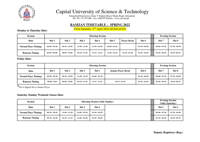 Ramzan Timetable 2022 for CUST | PDF