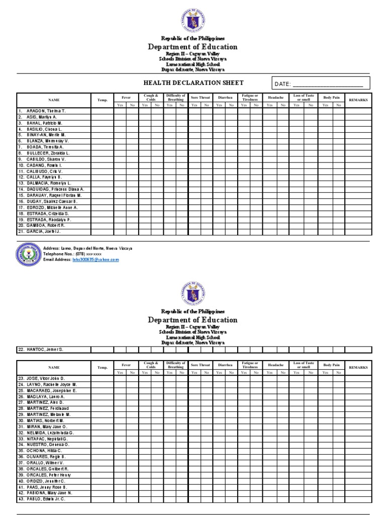 Health Declaration Form For School Personnel | PDF | Physiology ...
