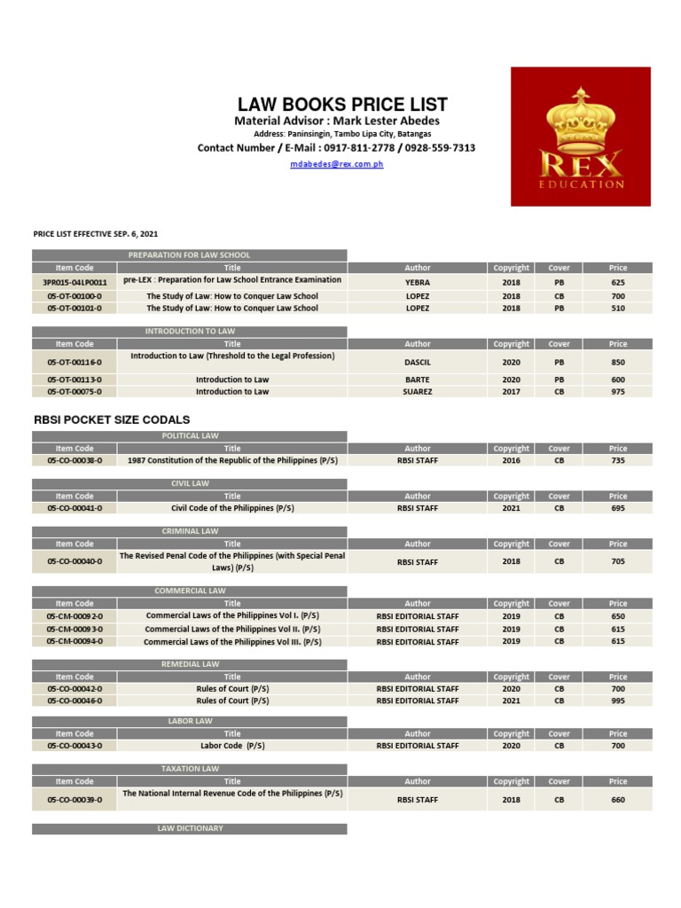 Rex Education (REX Book Store) Law Books Pricelist (As of August 27 ...