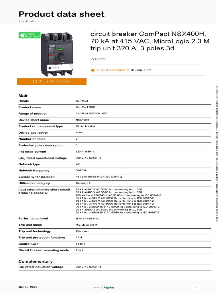 Product Data Sheet: Circuit Breaker Compact Nsx400H, 70 Ka at 415 Vac ...