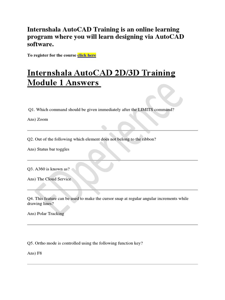 Internshala Autocad 2D/3D Training Module 1 Answers | PDF | Keyboard Shortcut | Auto Cad
