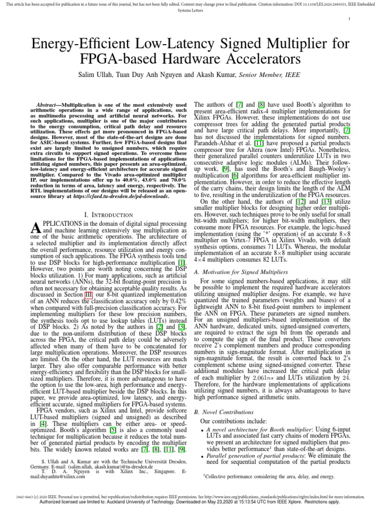 Energy-Ef Cient Low-Latency Signed Multiplier For FPGA-based Hardware Accelerators | PDF | Field ...