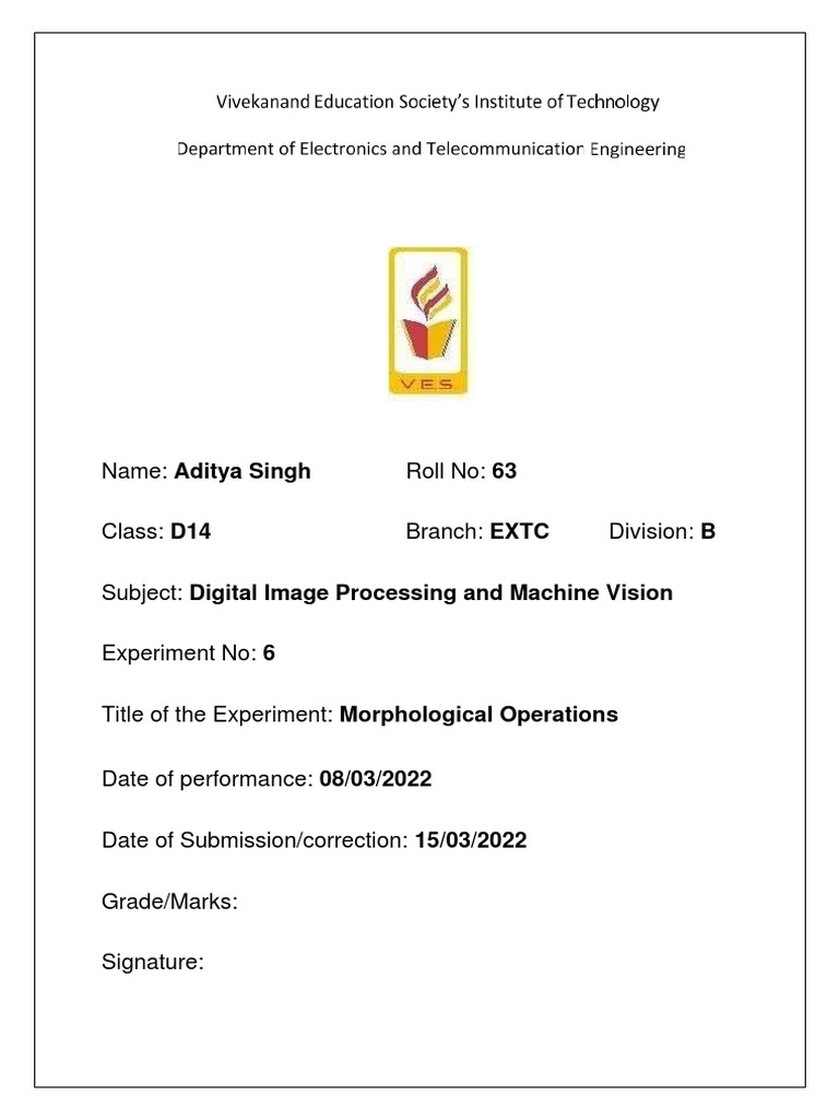 Aditya Singh D14B 63 IPMV Exp6 | PDF | Erosion | Pixel
