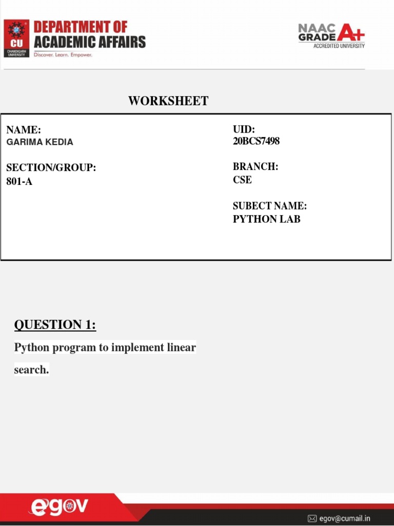 Worksheet: Name: Uid: 20BCS7498 Branch: CSE Subect Name: Python Lab | PDF | Array Data Structure ...