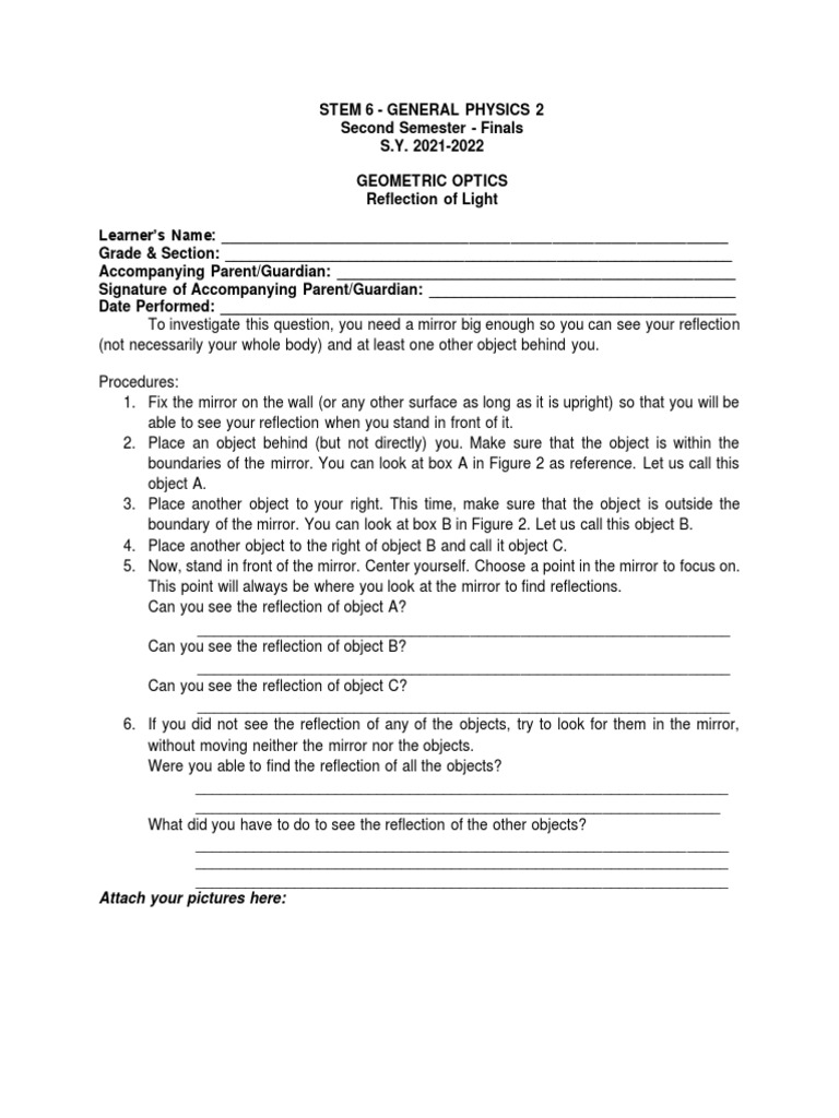 Reflection of Light Activity Sheet | PDF | Reflection (Physics) | Mirror