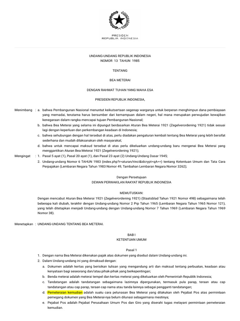 Ketentuan Bea Meterai 1985 | PDF