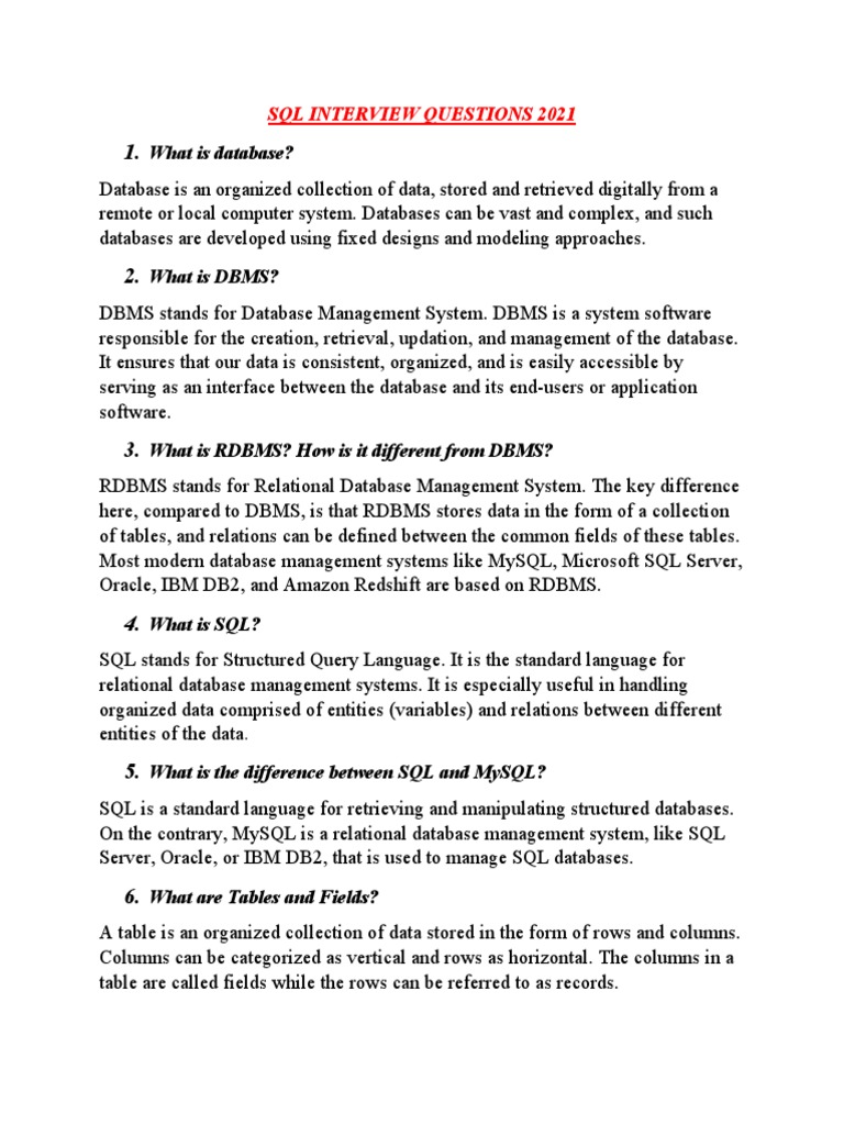 SQL Interview Questions | PDF | Databases | Relational Database