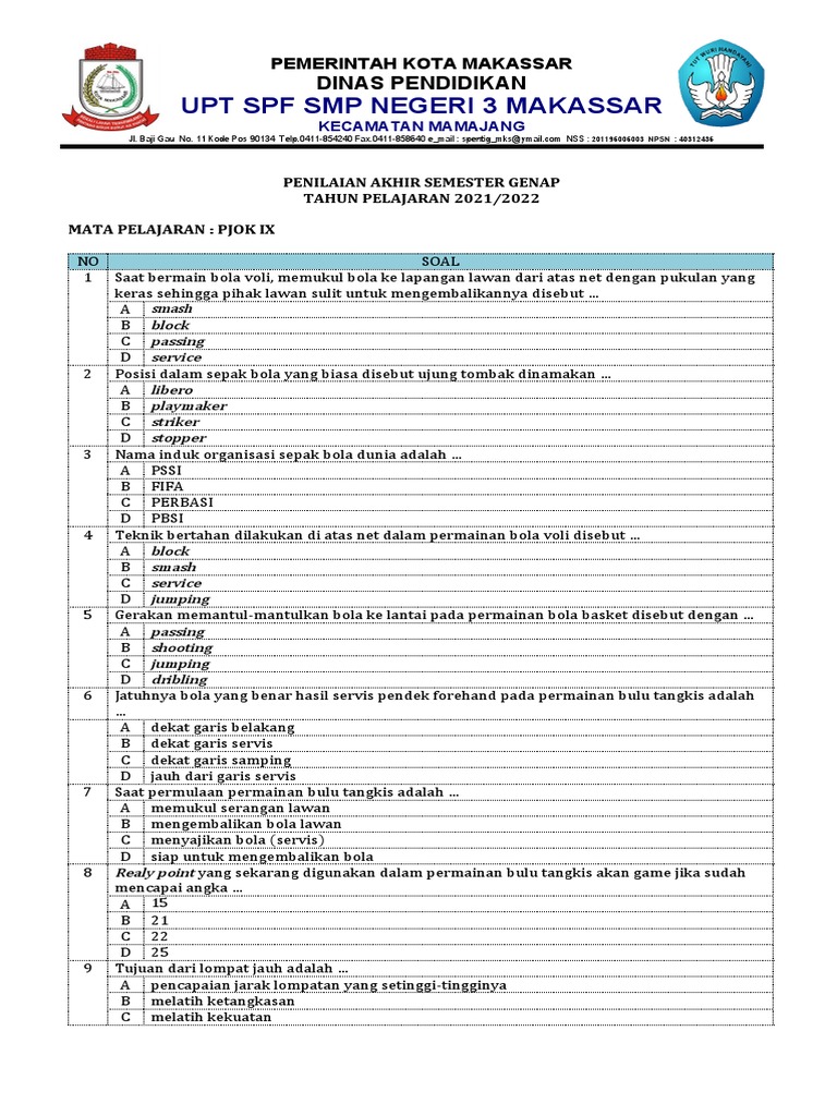 3 Soal Pas Genap Kelas IX PJOK | PDF