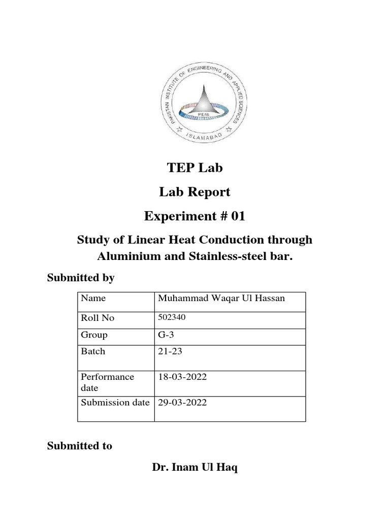 Tep Lab Lab Report Experiment # 01: Study of Linear Heat Conduction ...