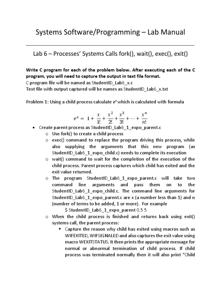 Systems Software/Programming - Lab Manual: Lab 6 - Processes' Systems Calls Fork, Wait, Exec ...