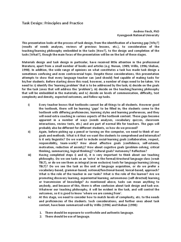 Task Design for Language Learning | PDF | Learning | Teachers