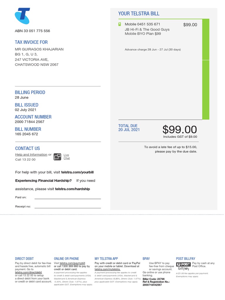 Tax Invoice For: Your Telstra Bill | Download Free PDF | Debit Card ...