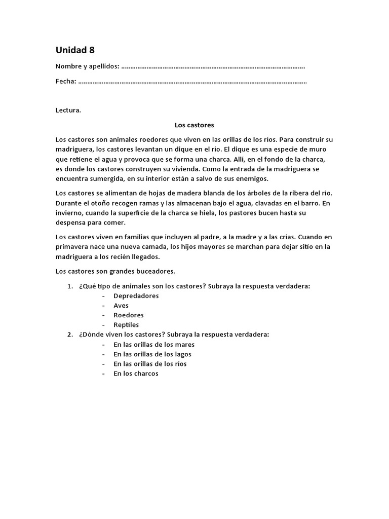 Unidad 8 Lengua | PDF | Castor