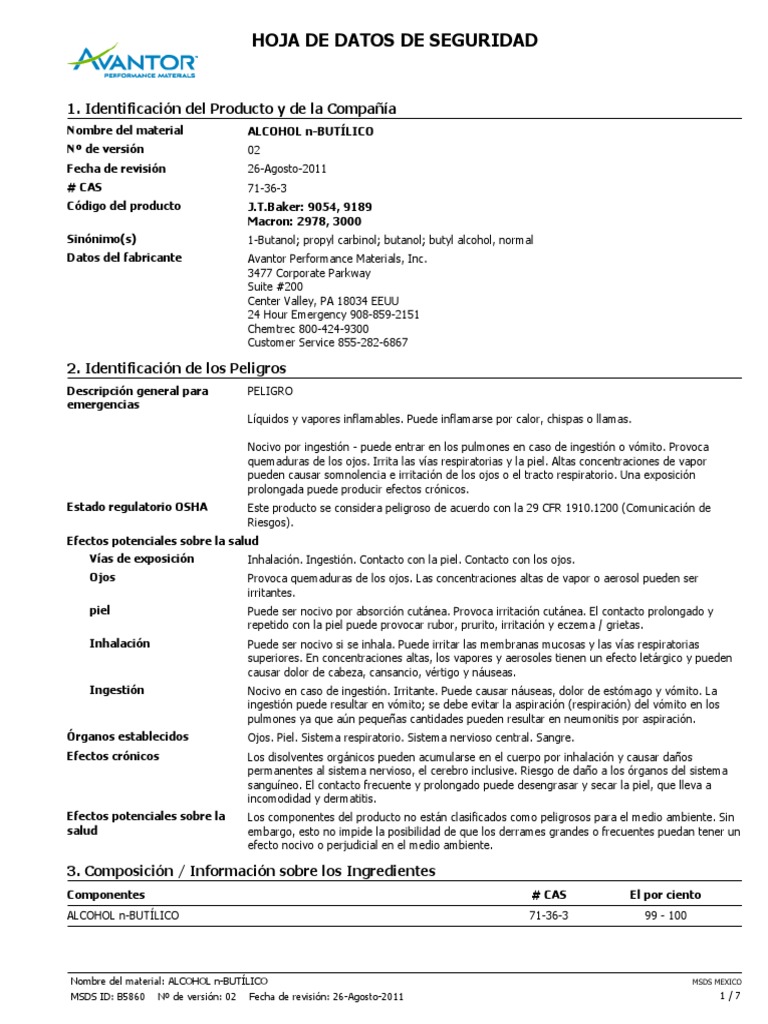 MSDS BUTANOL - Spanish | PDF | Naturaleza | Química