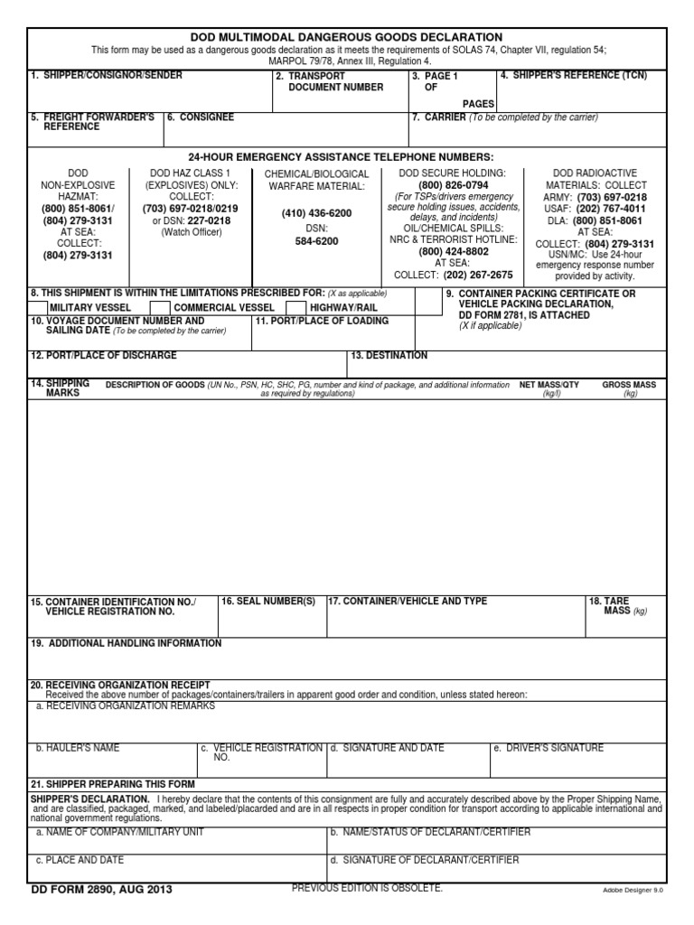 DOD Multimodal Dangerous Goods Form 2890 | PDF | Dangerous Goods