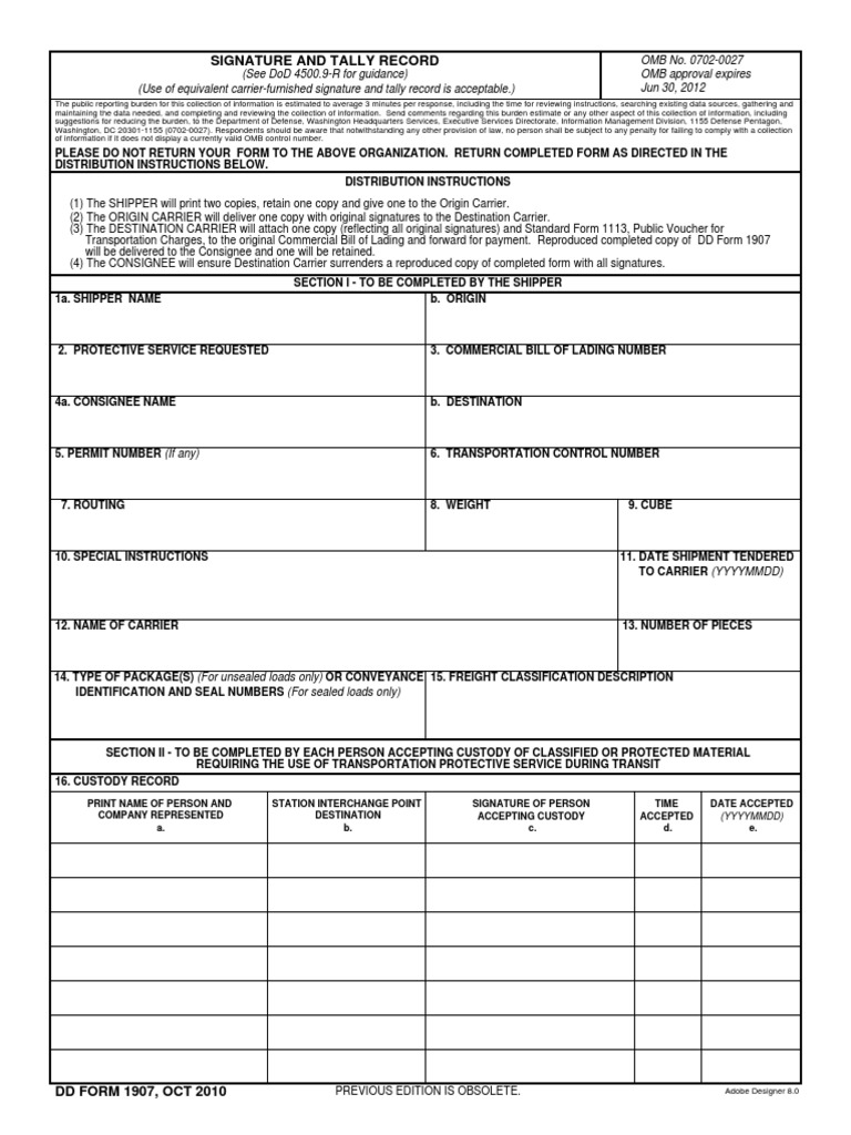 DD1907 Signature and Tally Record | PDF | Cargo