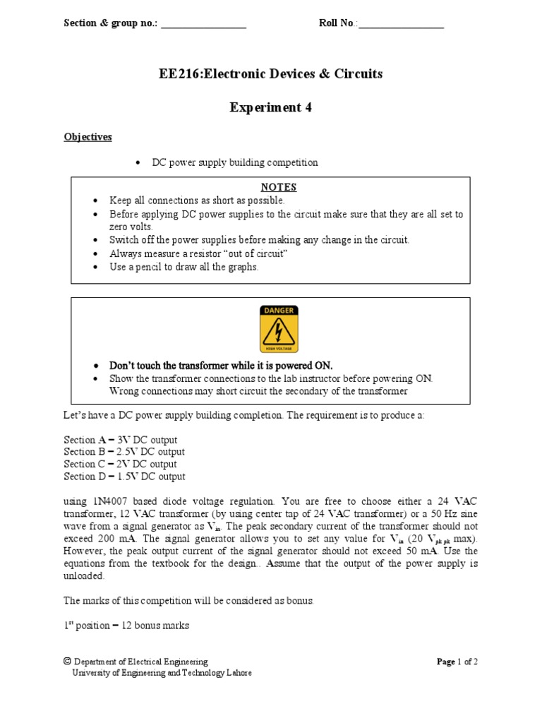 EE216:Electronic Devices & Circuits Experiment 4: Section & Group No ...