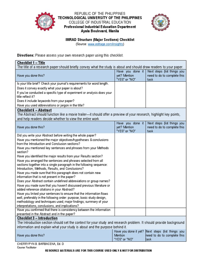IMRAD Structure (Major Sections) Checklist | PDF | Methodology | Science