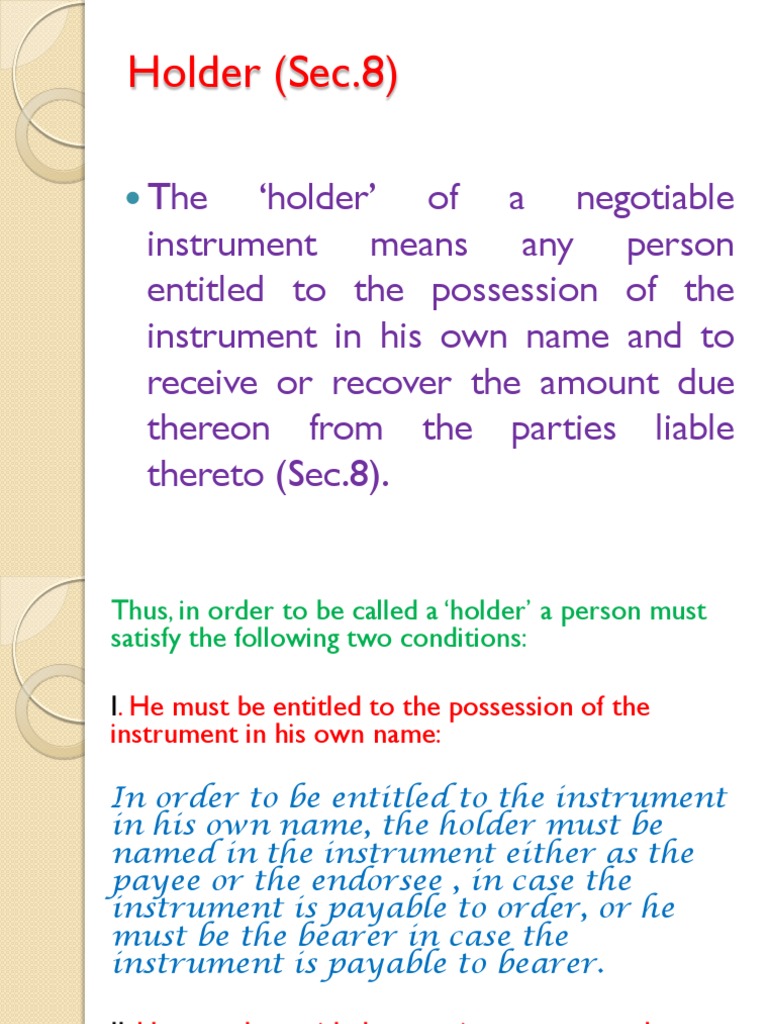 Holder and Holder in Due Course | PDF | Negotiable Instrument | Private Law