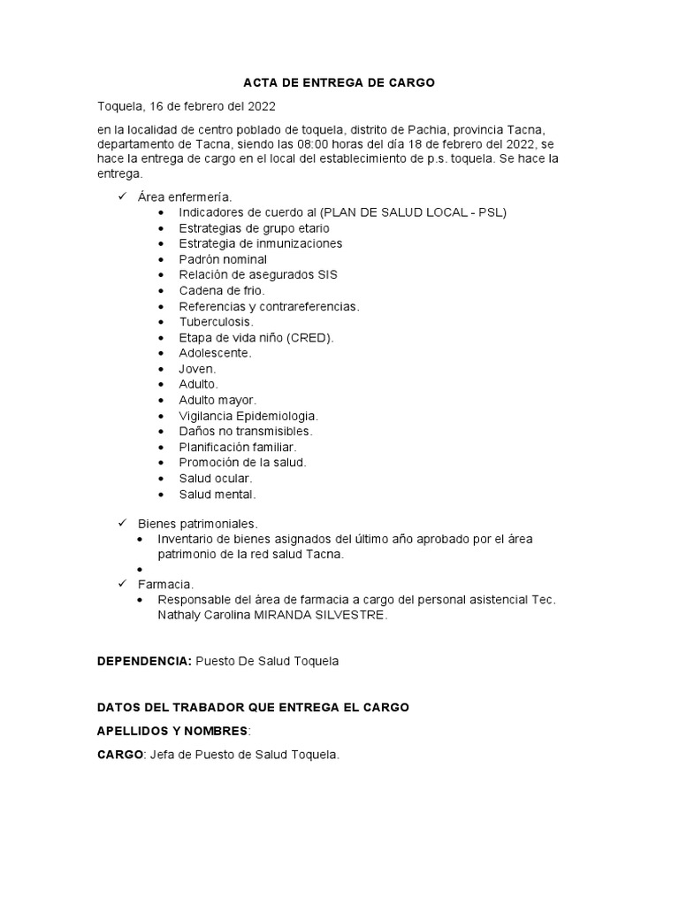 MODELO Acta de Entrega de Cargo | PDF
