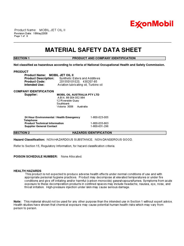 Material Safety Data Sheet: Product Name: Mobil Jet Oil Ii | PDF ...